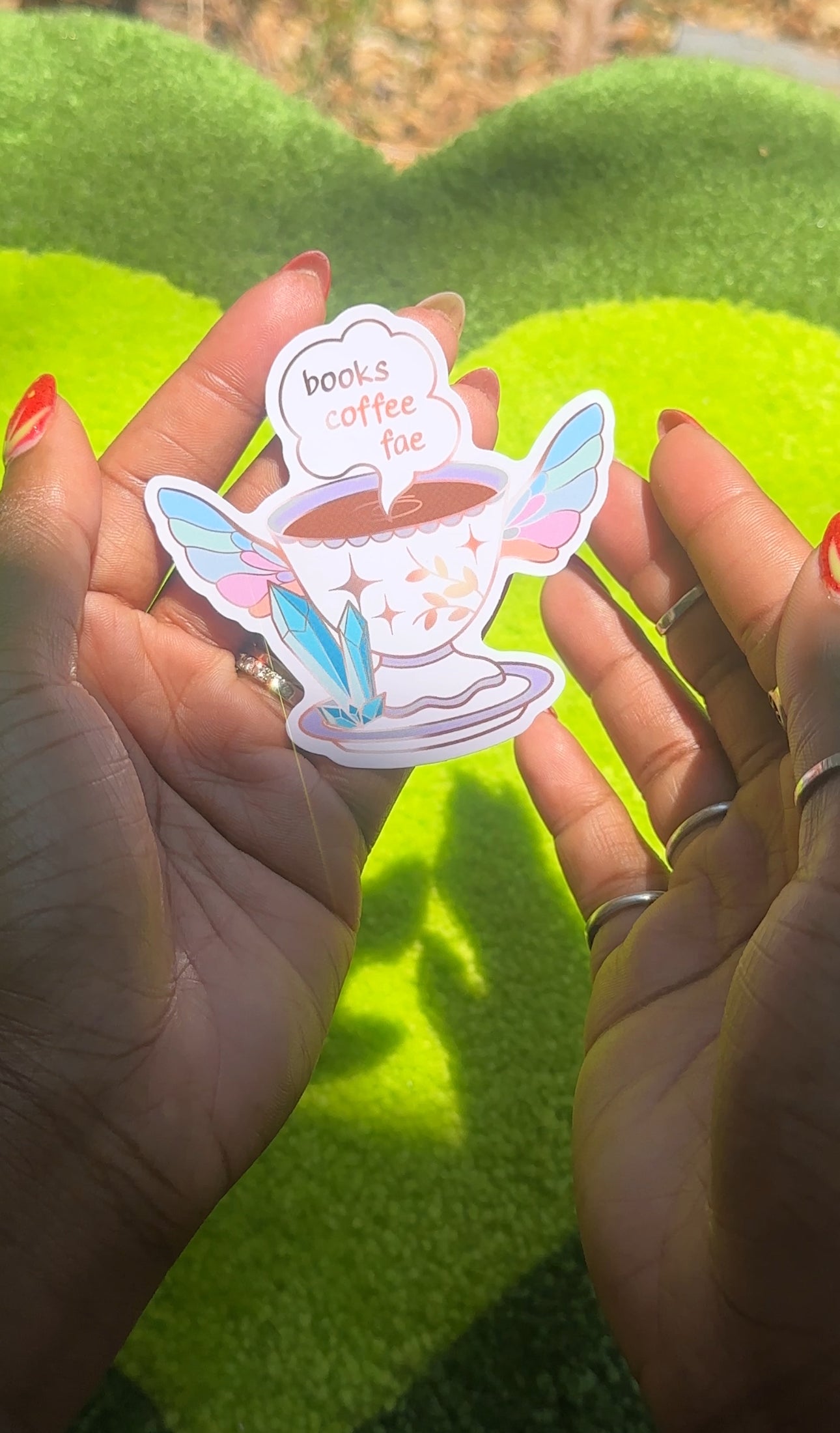 "Books Coffee Fae" Sticker - Bookish Fairycore Cottagecore Pinstory Or